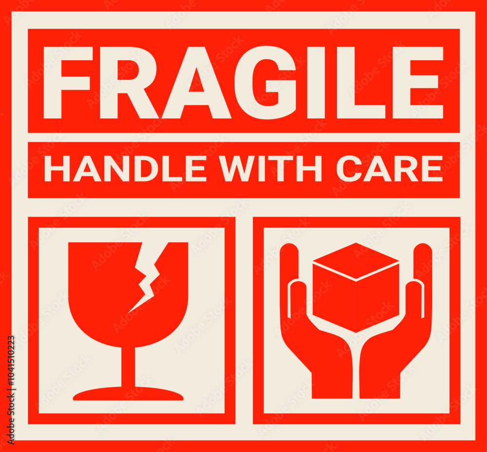 sticker fragile handle with care, red fragile warning label with broken ...