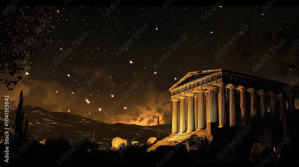 Soft light on a Greek temple at night starry sky adding majesty to the ...