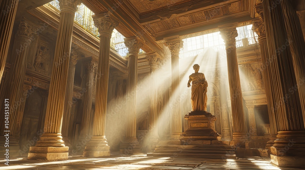 Interior of a Greek temple with towering columns and a massive deity ...