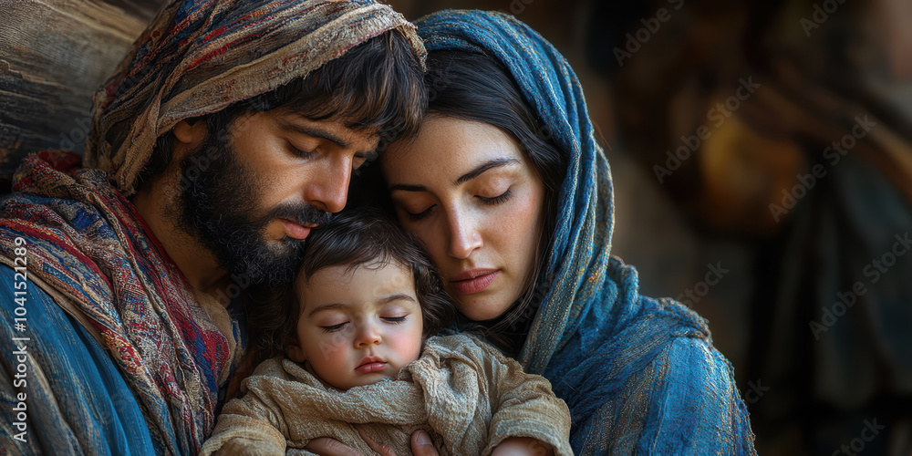 The painting depicts Mary, Joseph and the baby Jesus in a peaceful and ...