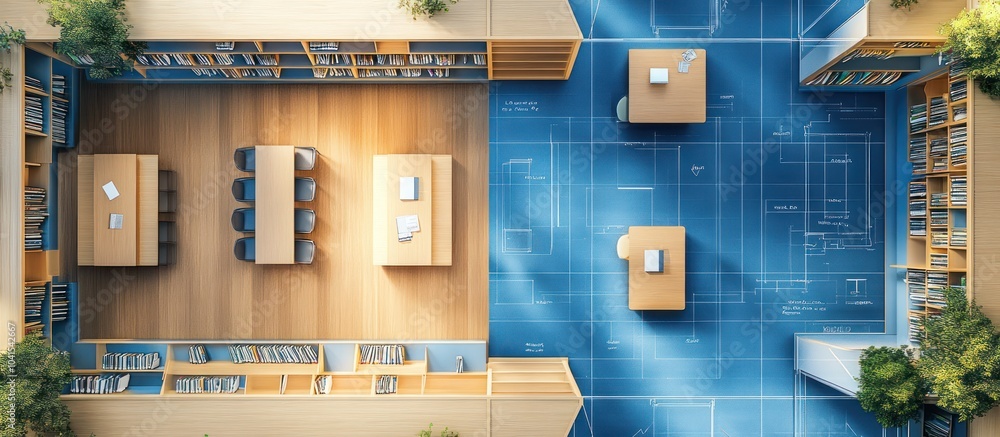 Top view of an empty modern library with a blueprint floor and wooden ...