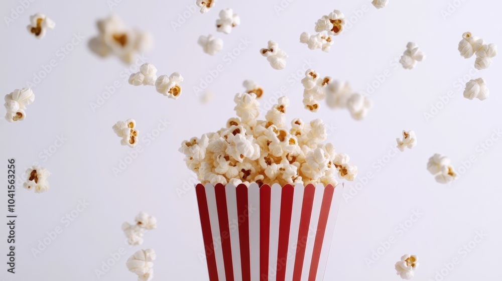 Popcorn bursts from a red and white striped container against a white ...