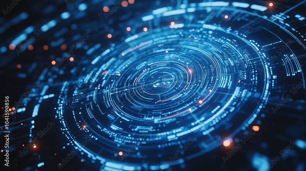 An abstract blue tech interface with a circular design and digital ...