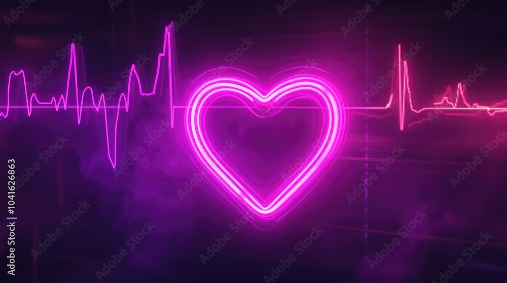 Purple and pink neon heart pulse monitor displaying heartbeat signals ...