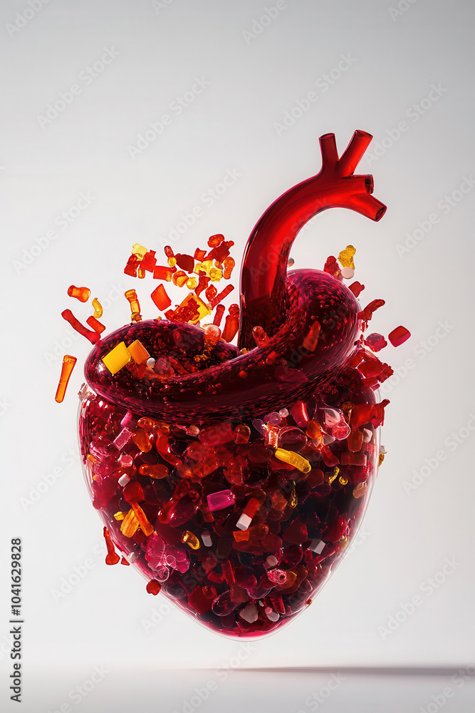 A model of a human stomach with visible microplastic particles inside ...