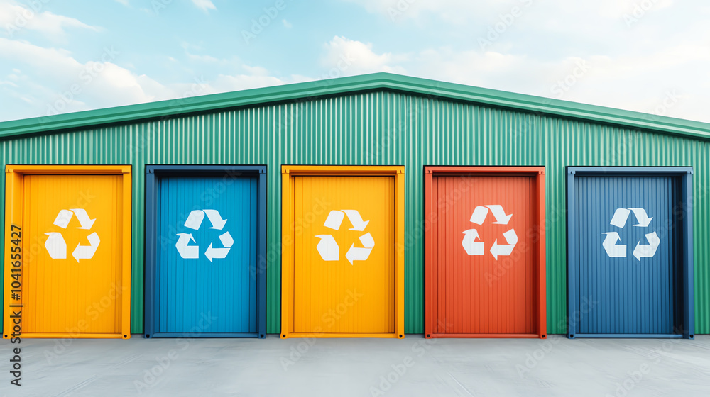 Colorful recycling bins on a modern garage wall, promoting ...
