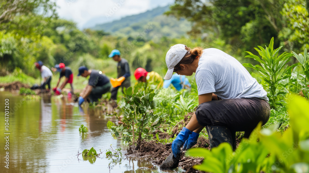 Volunteers working on river conservation projects, cleaning up debris ...
