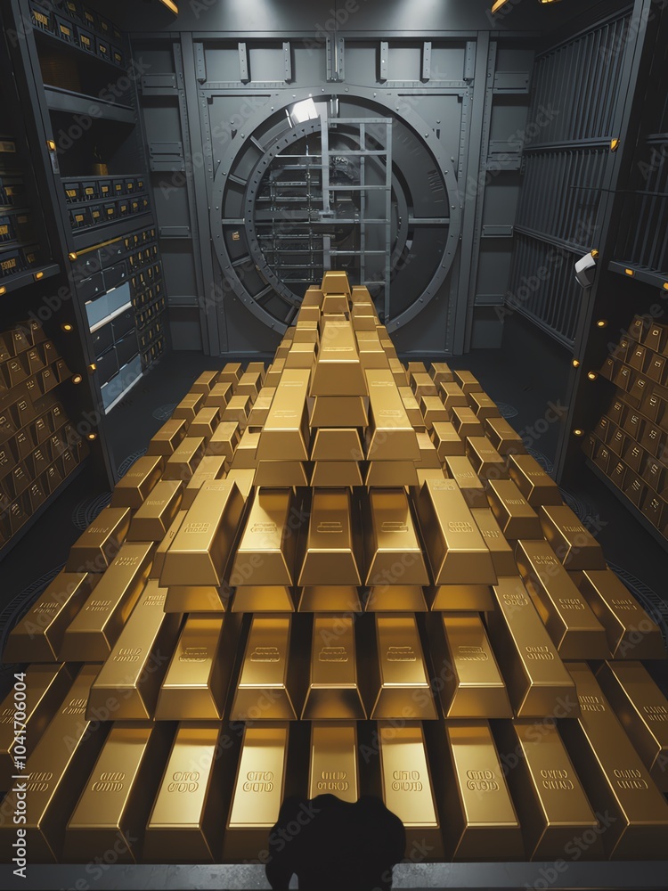 “Vault Filled with Stacked Gold Bars, Symbolizing Wealth and Security in a High-Security ...