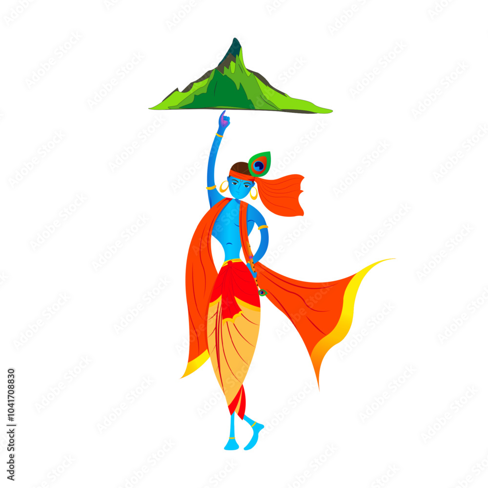 Vector illustration of lord Krishna with govardhan parvat on ...