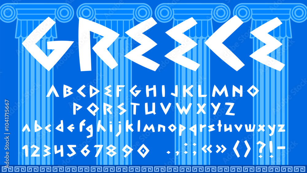 Blue greek style font, ancient Greece type alphabet letters and numbers ...