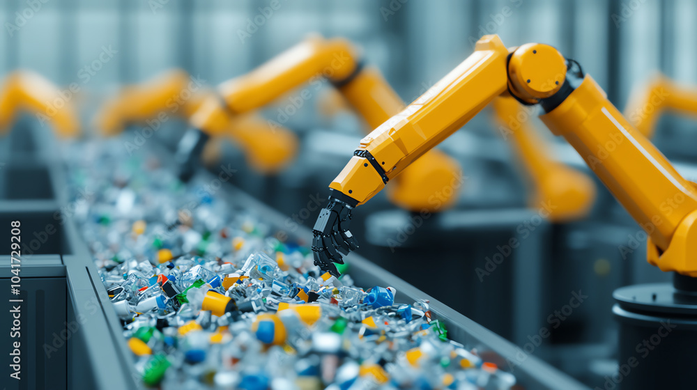 Automated robotic arms sorting waste materials in a recycling facility ...