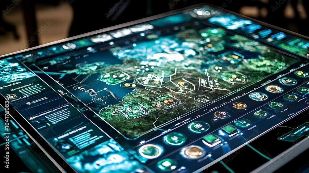 A photograph of a futuristic high tech digital board game with ...