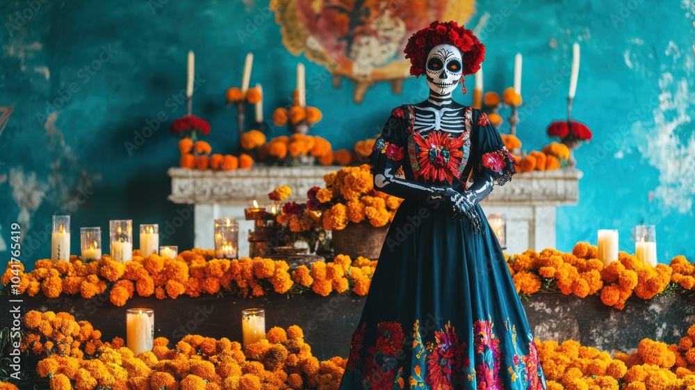 Striking full-body portrait of La Catrina standing before a vibrant Day ...