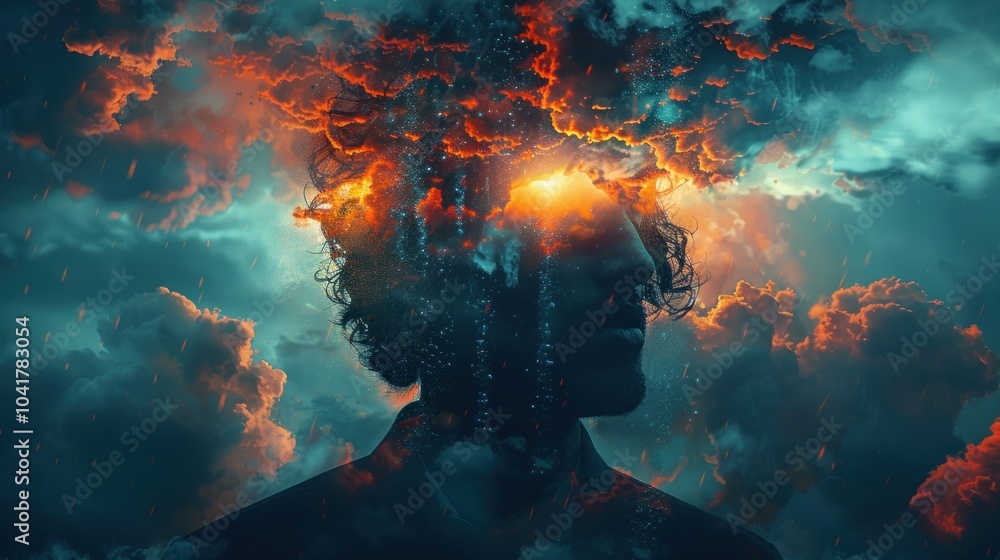 Cloudy thoughts of businessman. Man standing inside head, under cloud ...