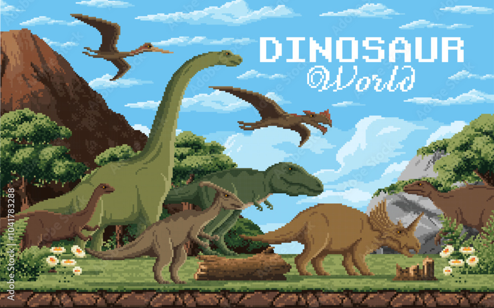 8 bit pixel art prehistoric dinosaurs. Vector nostalgic retro gaming ...