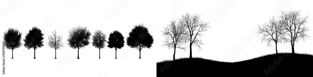 Silhouette trees outline drawing set, Side view. Graphics trees outline ...