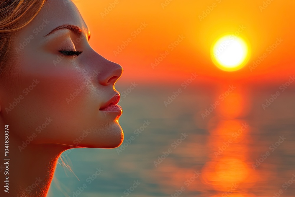 Ilustración de Stock Una mujer joven mira hacia el cielo al amanecer ...