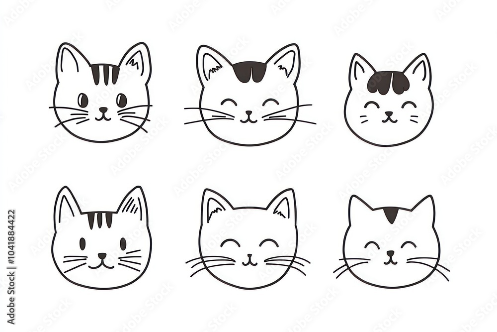 Line art vector drawings of cute cat faces, simple lines, clipart set ...