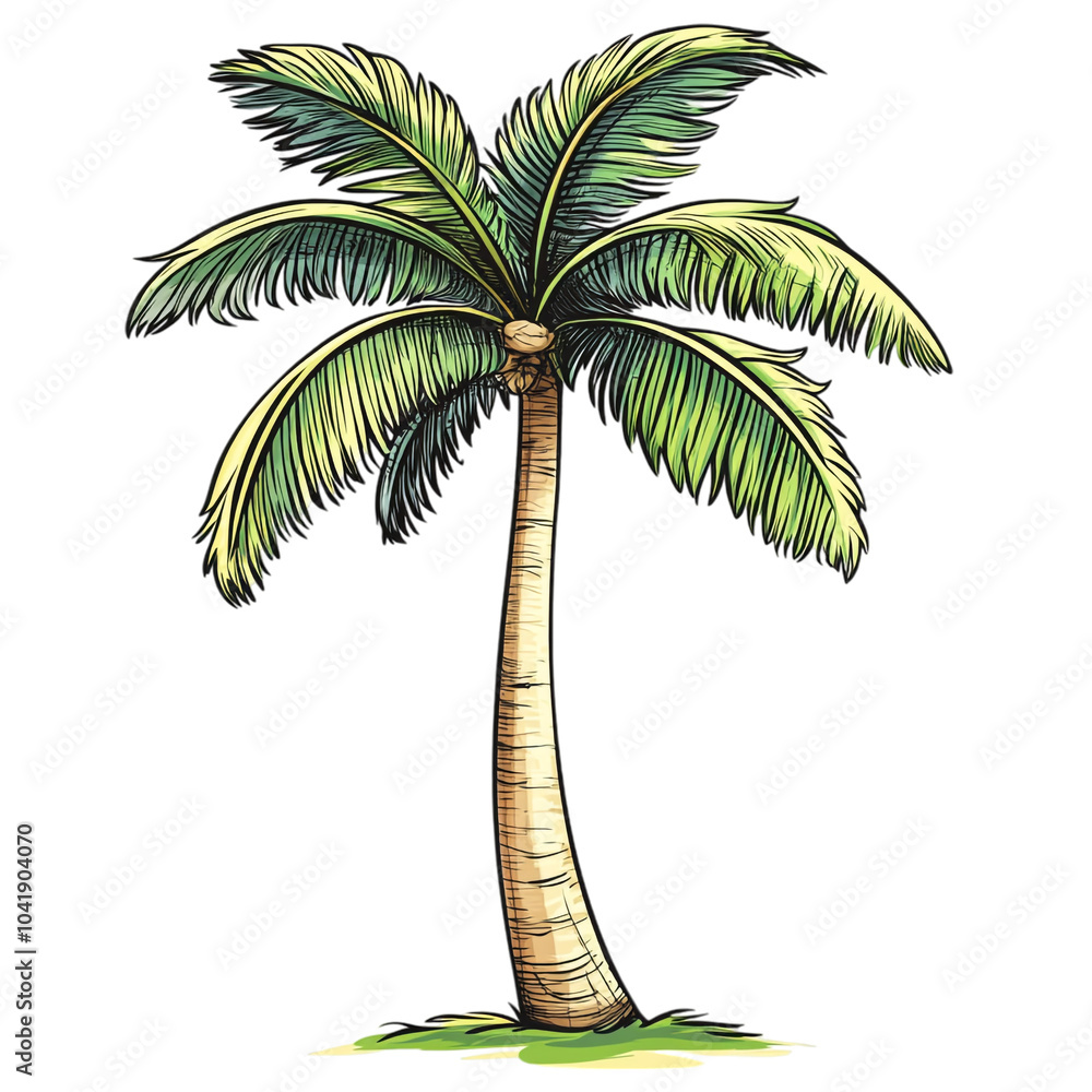 Hand drawn cartoon illustration of a tropical palm tree on a ...