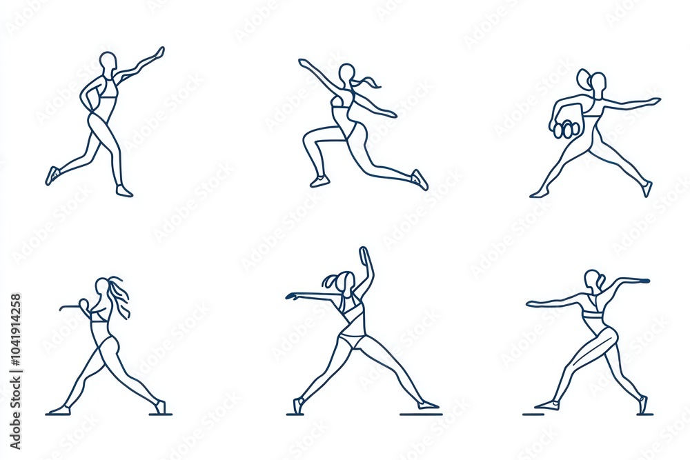 Ten outline icons of a woman in various sports poses, each pose ...