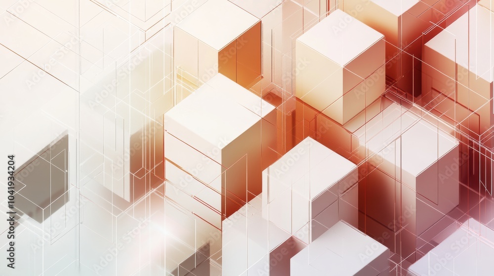 Multiple cubes in varying shades are interconnected with diagonal lines against a light ...