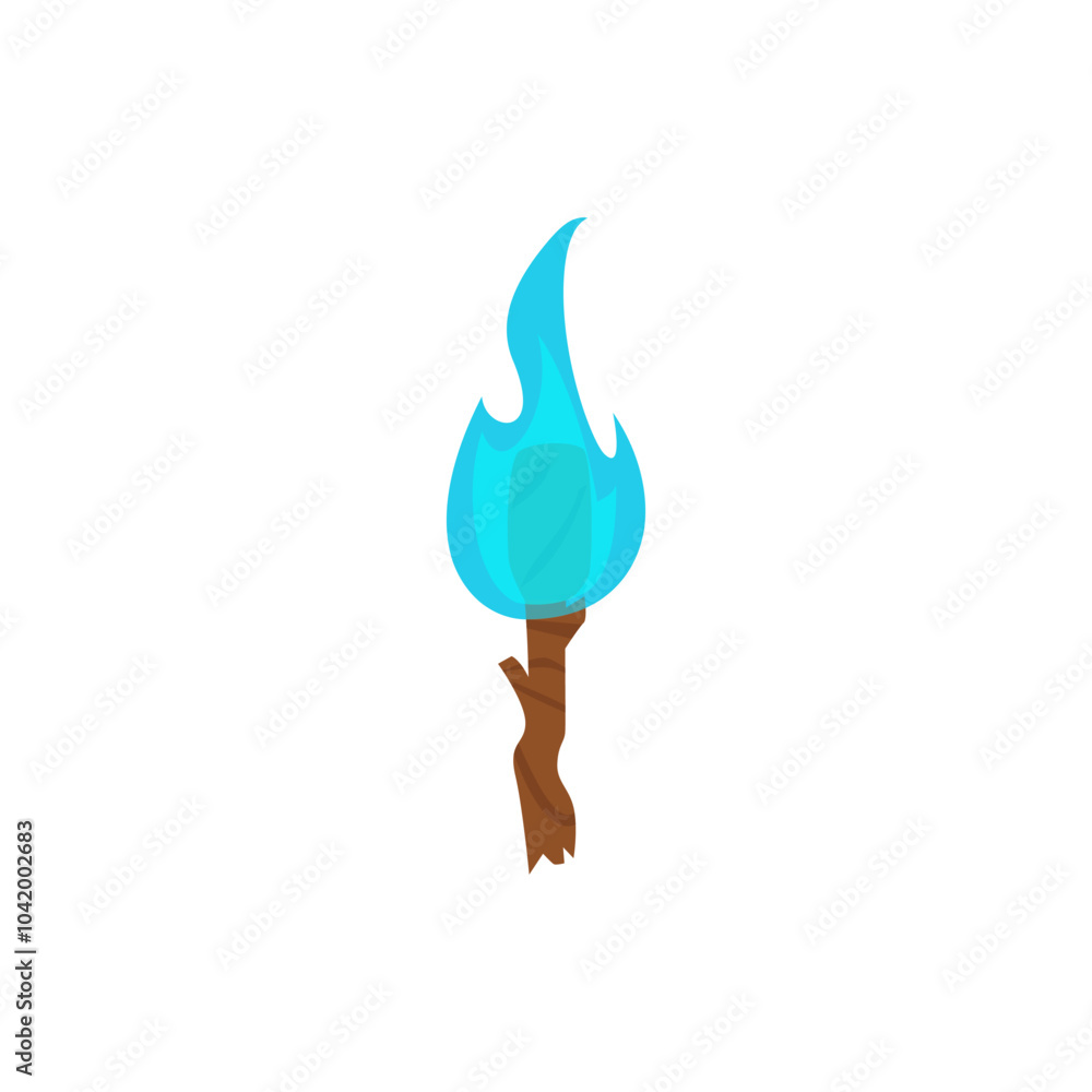 Cartoon torch with burning blue fire flame vector flat icon, medieval ...