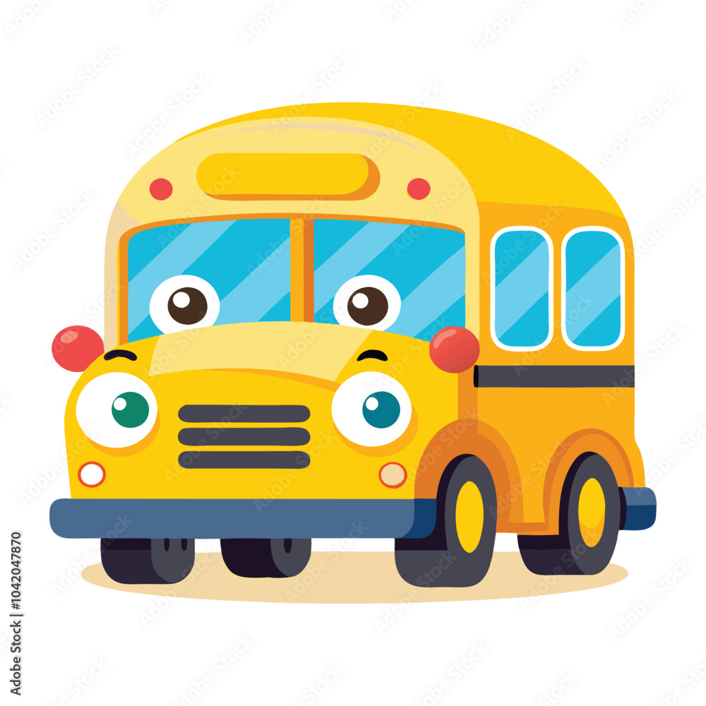 Cartoon illustration of a smiling yellow school bus, big eyes, detailed ...