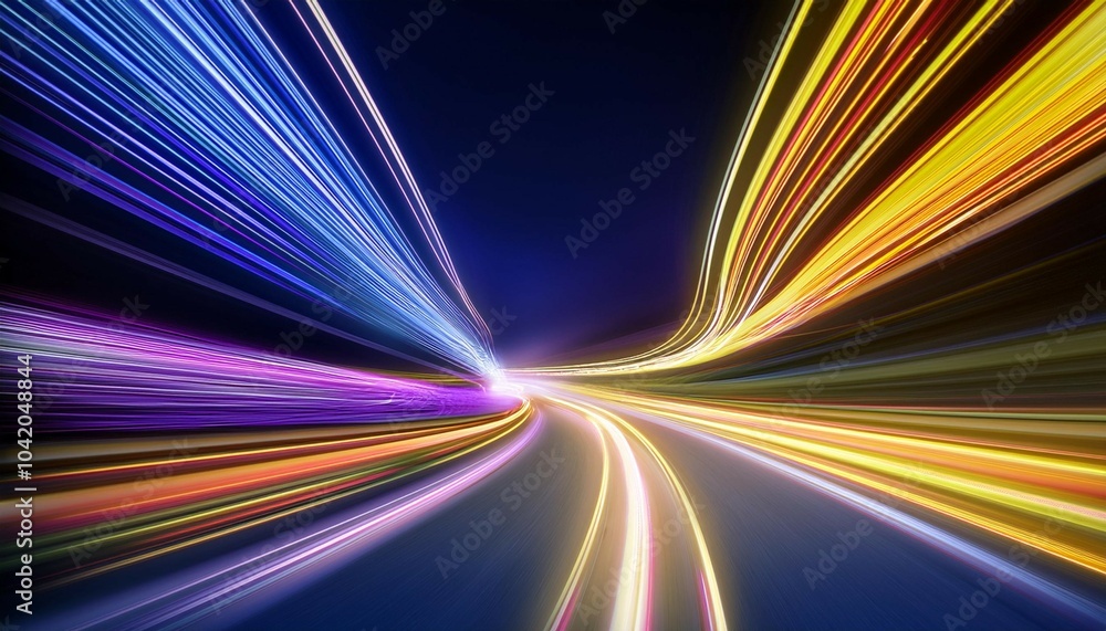 long exposure of motorways as speed neon spiral lines in yellow blue ...