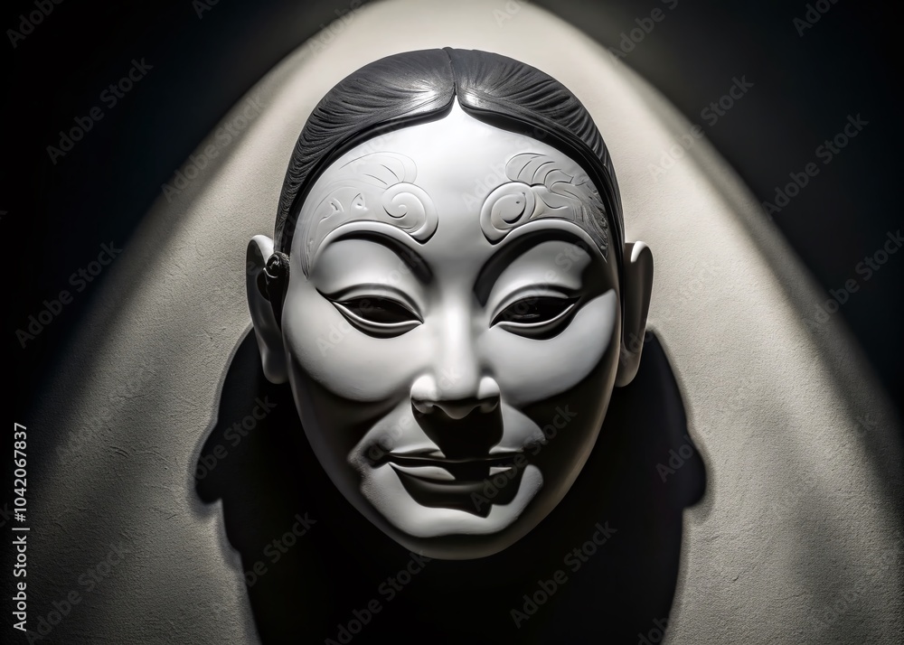 Traditional Japanese Noh Theatre Mask in Black and White Silhouette ...