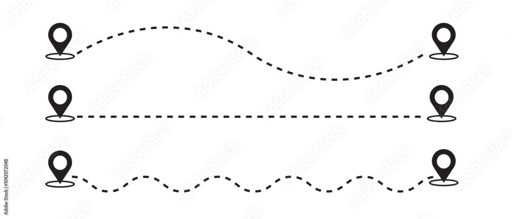 Route location icon set, two points with dotted line path and location ...