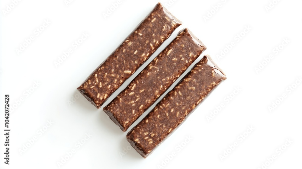 Overhead view of energy protein bar wrappers, isolated on a white ...