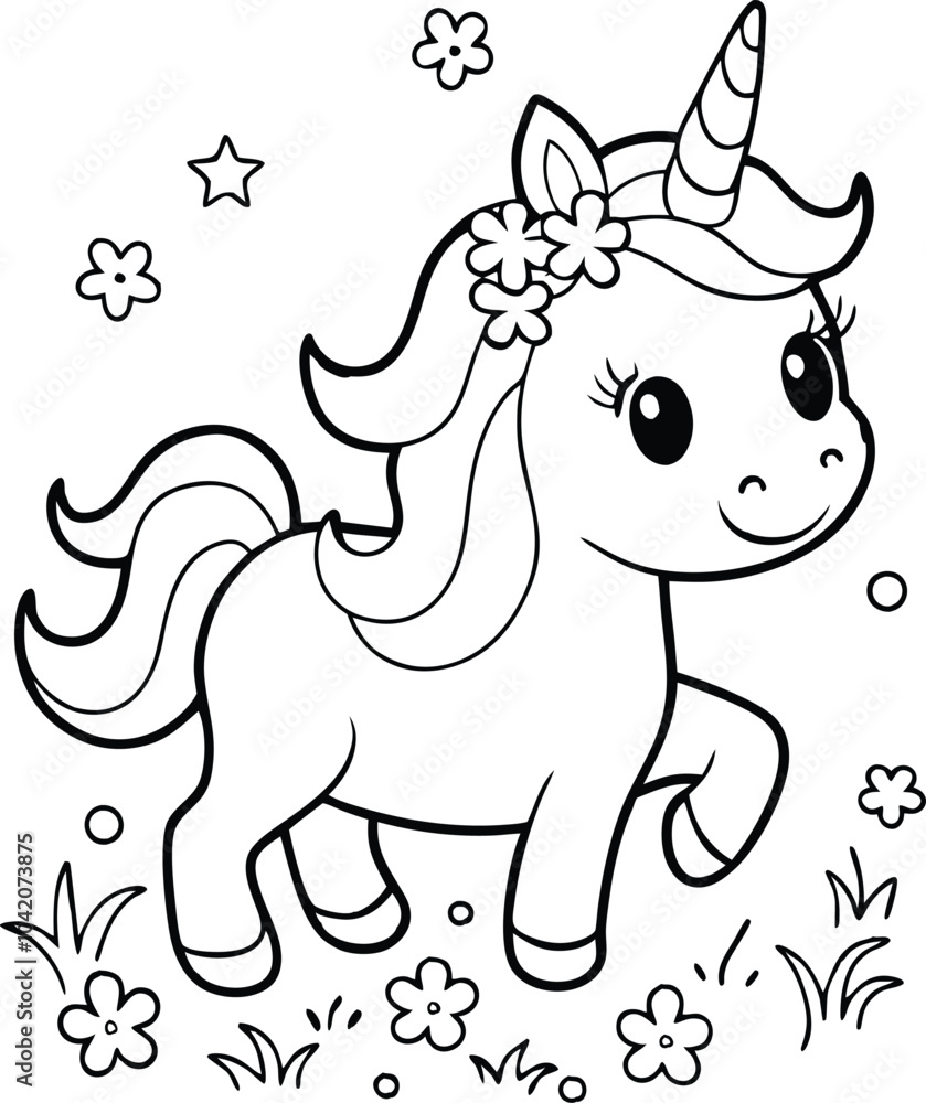 Cute kawaii unicorn line art coloring page, kids coloring book Stock ...
