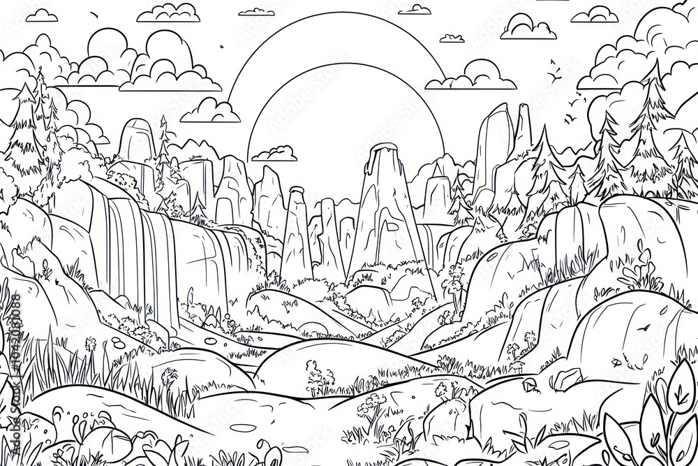 Fantasy Landscapes, coloring page for kids, line art, black and white ...