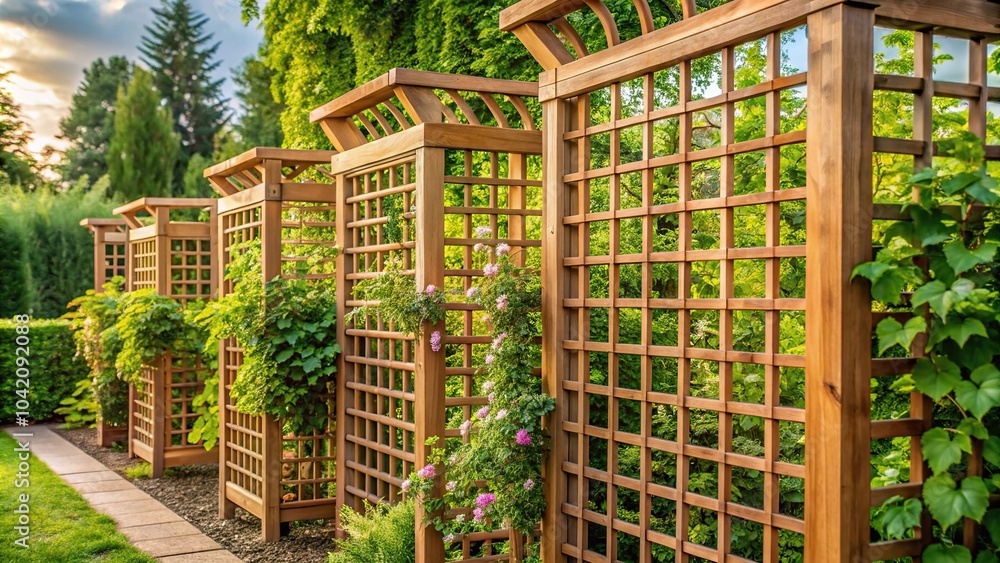 Craftsman style garden trellis with wooden latticework supporting ...