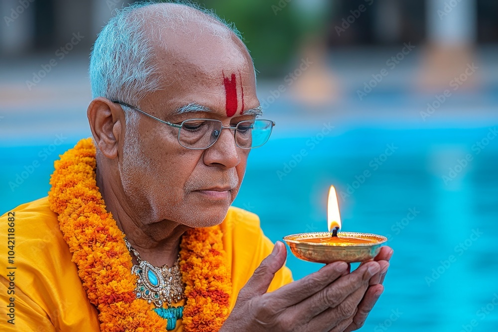 Priest chanting while performing Aarti, with the flickering light of ...