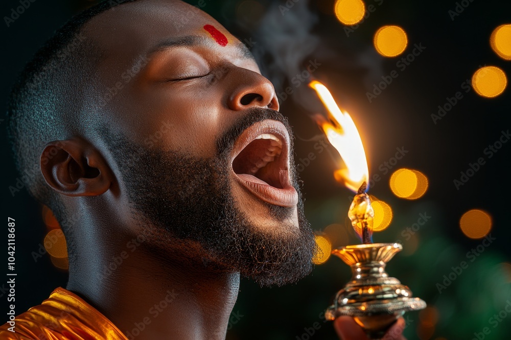 Ilustración de Stock Priest chanting while performing Aarti, with the ...