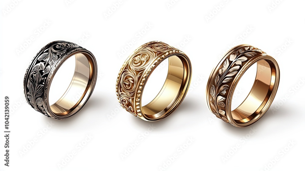 Stylish engraved rings collection featuring metallic finishes and ...