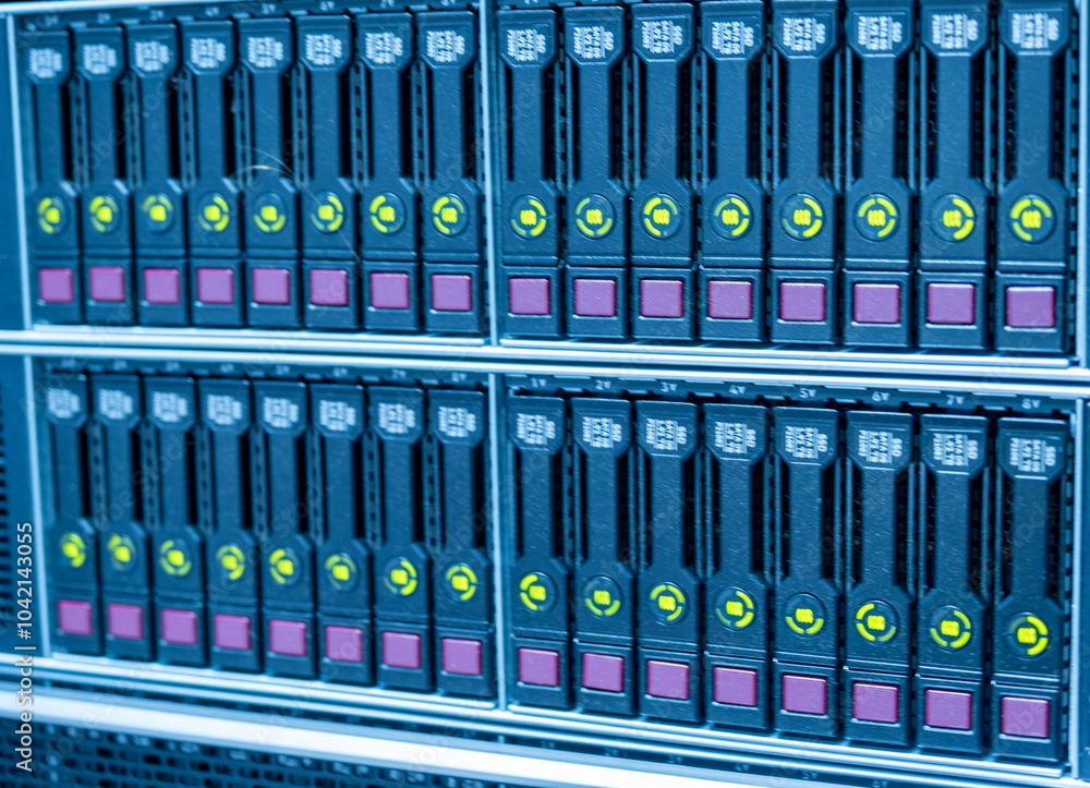 Detail shots of the server room. Firewall, fiber and RJ-45 cable image ...