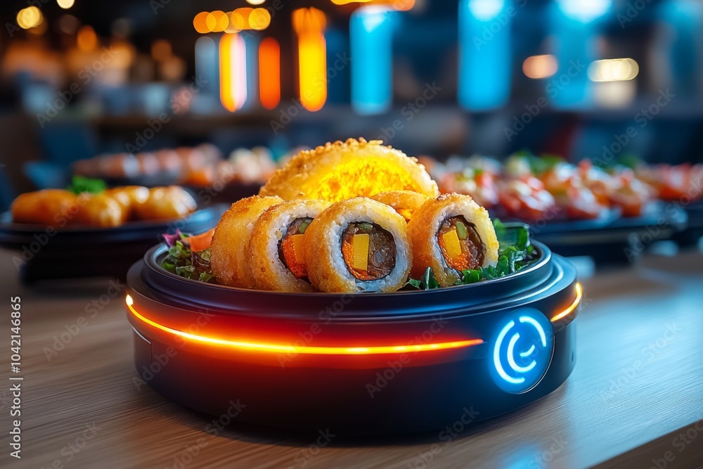 Cyberpunk Thanksgiving feast, where neon lights and futuristic ...