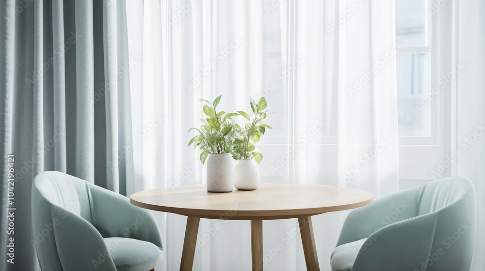 Two mint color chairs at round wooden dining table against window ...