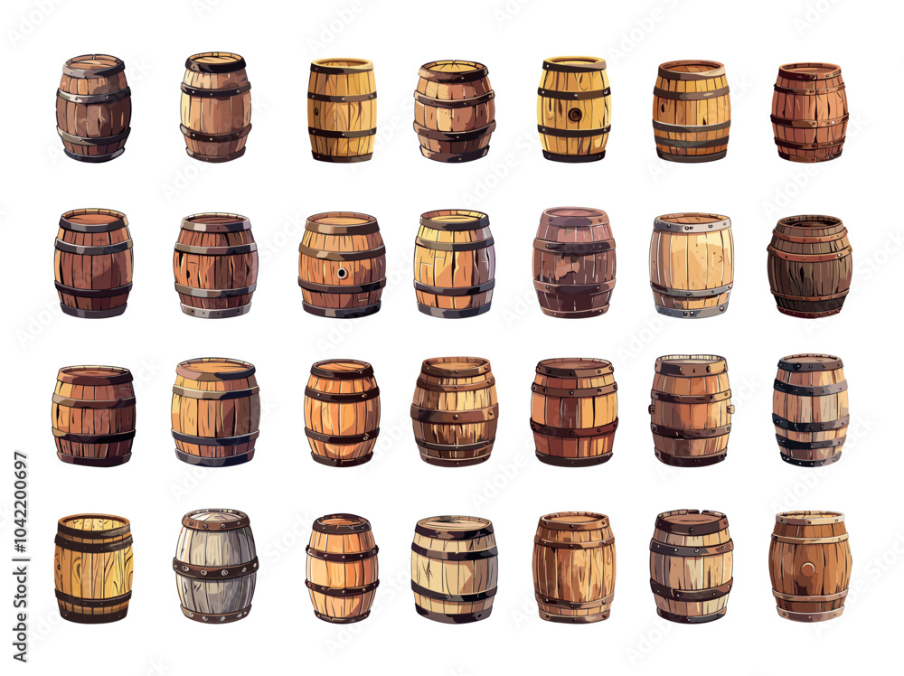 Wooden barrels cartoon vector set. Whiskey wine beer timber oak old ...