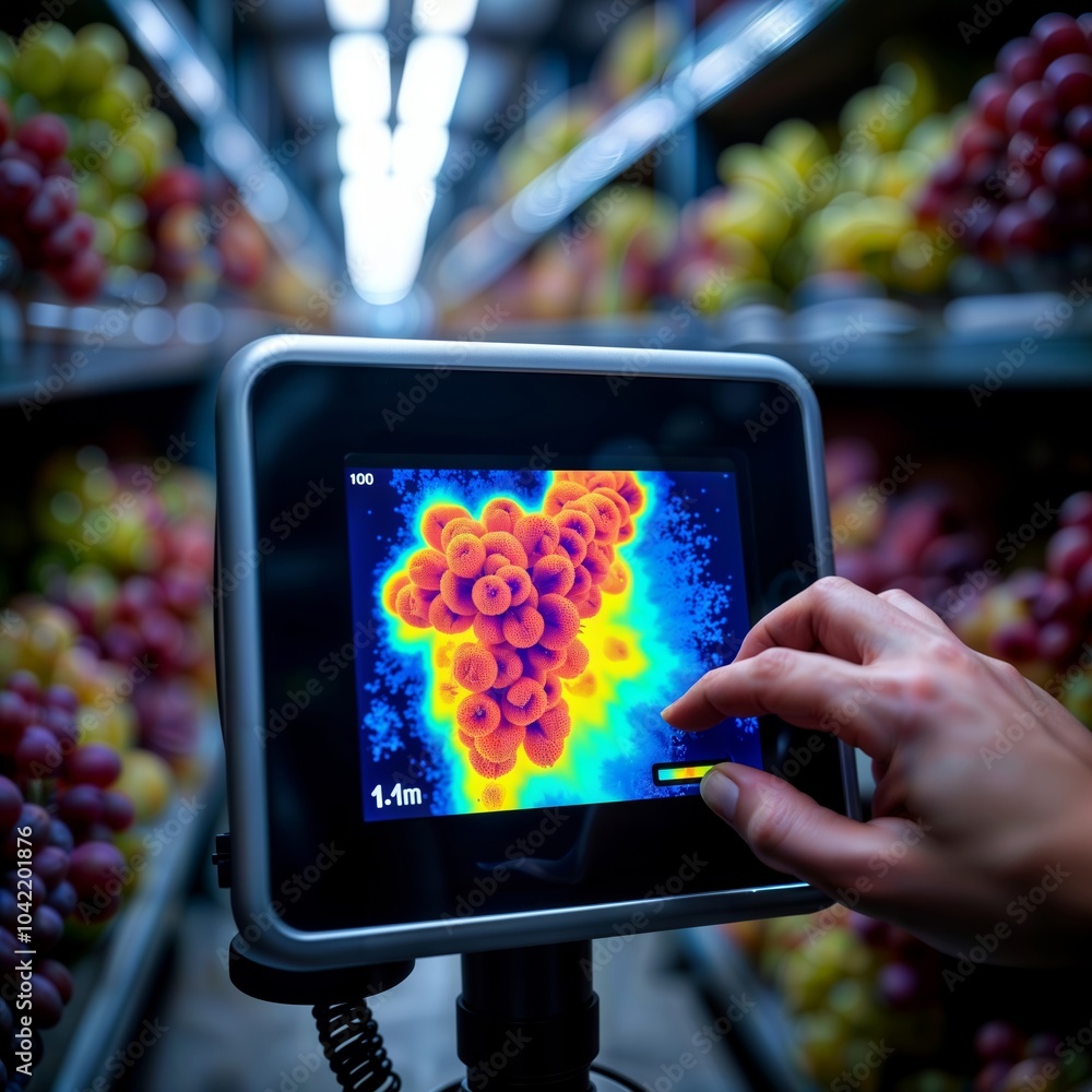 Thermal Produce Analysis. Digital thermal imaging display showing heat ...