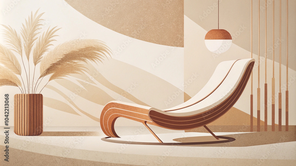 Minimalist interior design, curved wooden lounge chair, abstract white ...