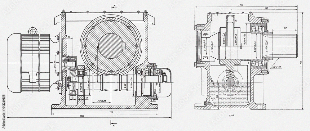 Engineering mechanical pencil drawing of steel devices (reducer ...