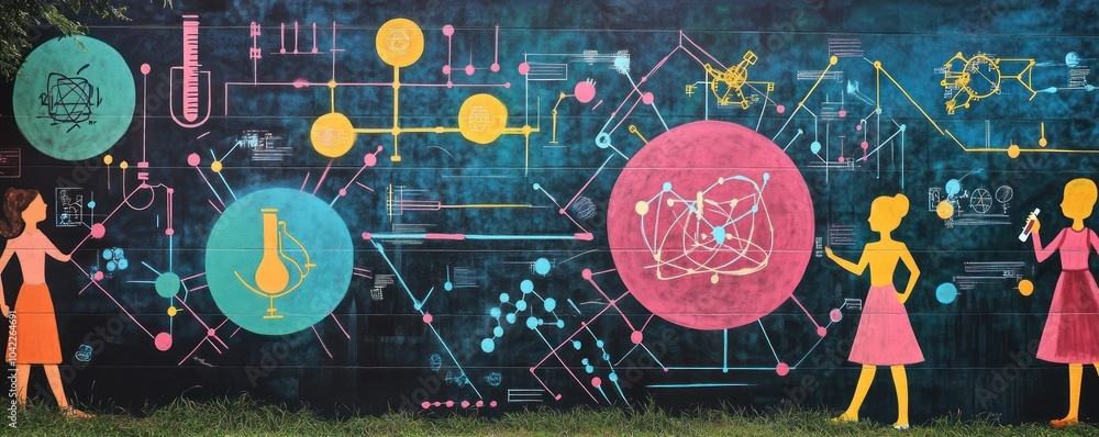 inspiring scientific mural filled with colorful diagrams and symbols of ...