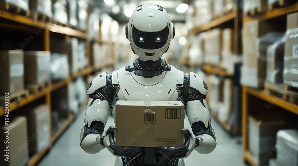A depiction of robotic automation in modern logistics, featuring AI ...