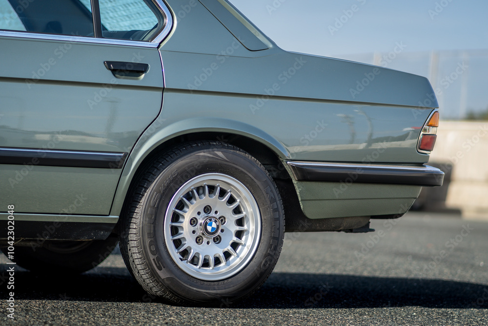 Detail of the rear wheel of an old German car BMW M5 with E28 ...