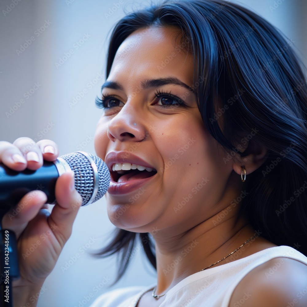Black female vocalist singing passionately with a close-up on her ...