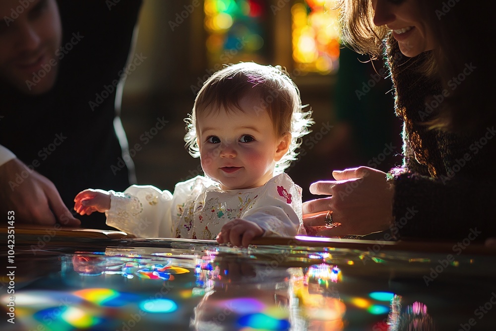 Infant in a baptismal gown, held by parents at the baptismal font in a ...