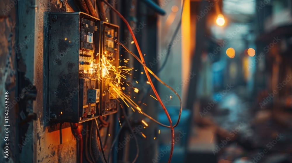 short circuit in an electrical panel, with sparks flying and wires ...